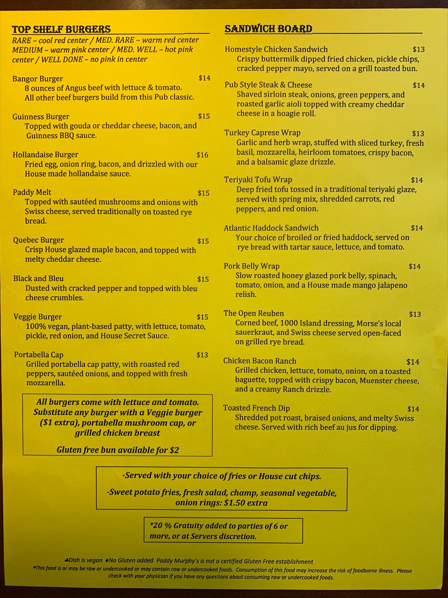 Menu | Paddy Murphy's