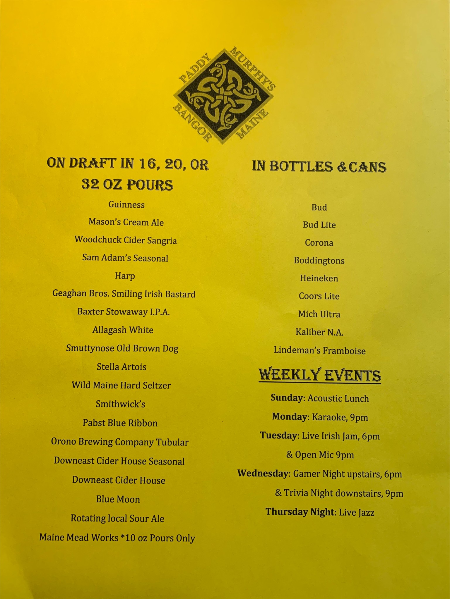 Menu | Paddy Murphy's