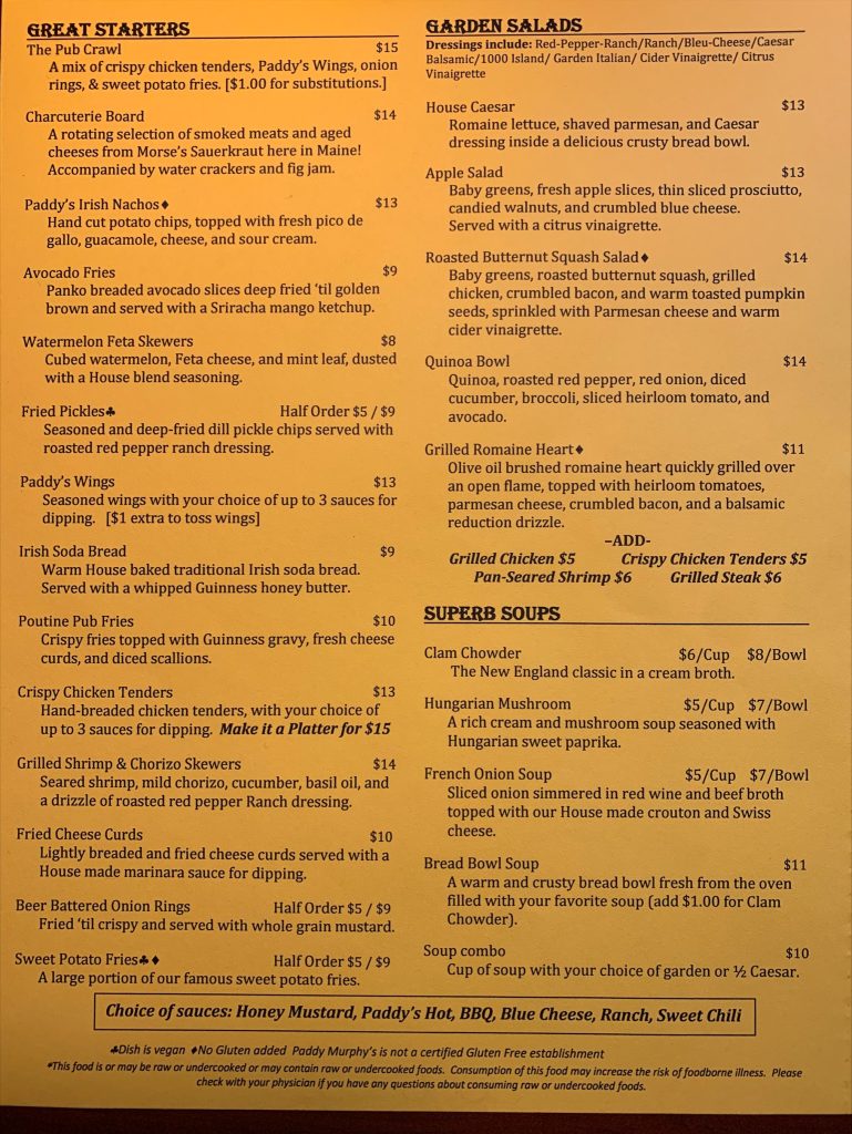 Menu | Paddy Murphy's