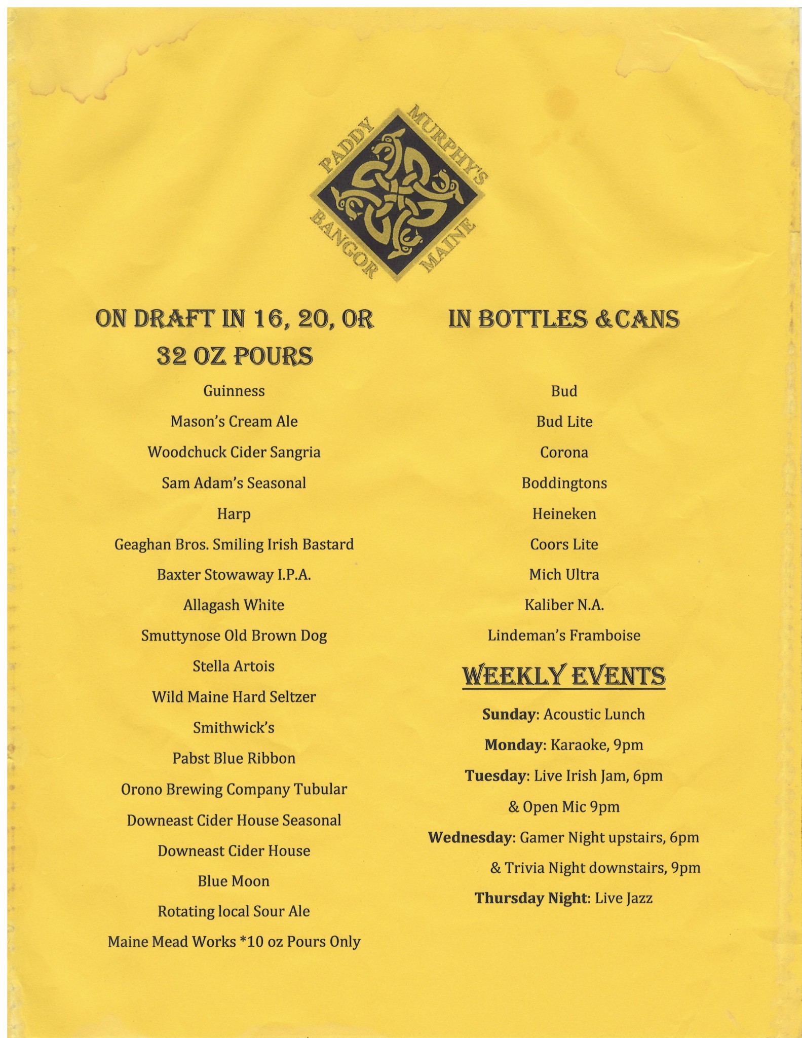 Menu | Paddy Murphy's